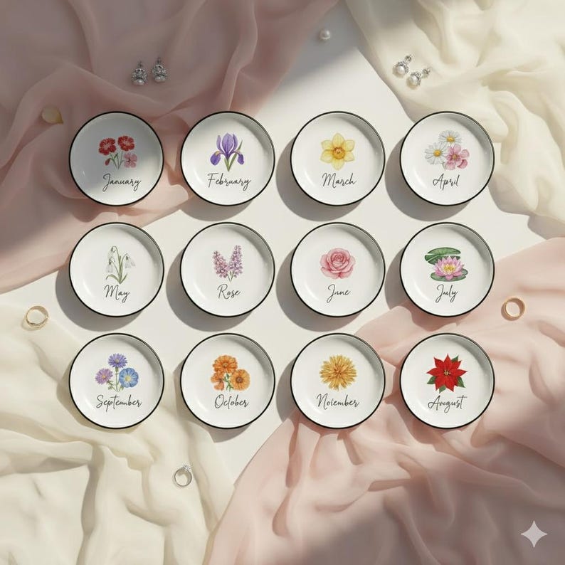 Personalized Birth Month Flower Ceramic Trinket Dish, Custom Jewelry ...