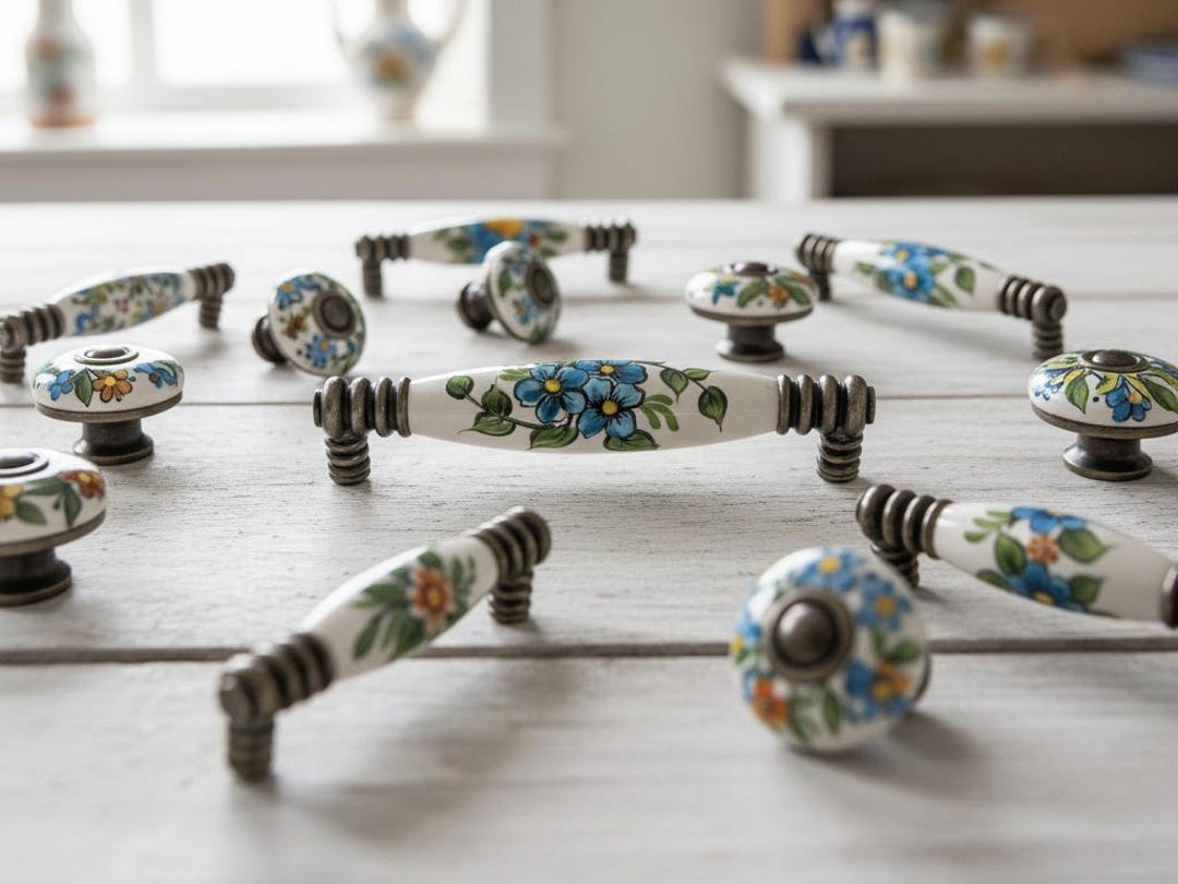 Vintage Blue Floral Ceramic Cabinet Handle With Antique Brass Accents ...