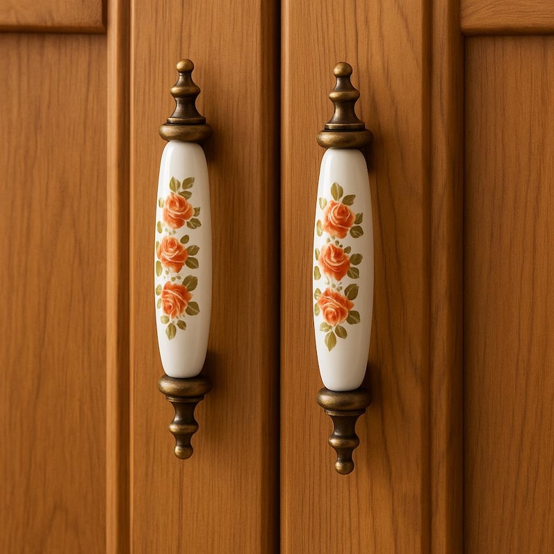Vintage Floral Porcelain Cabinet Handle: Shabby Chic Brass Drawer Pull ...
