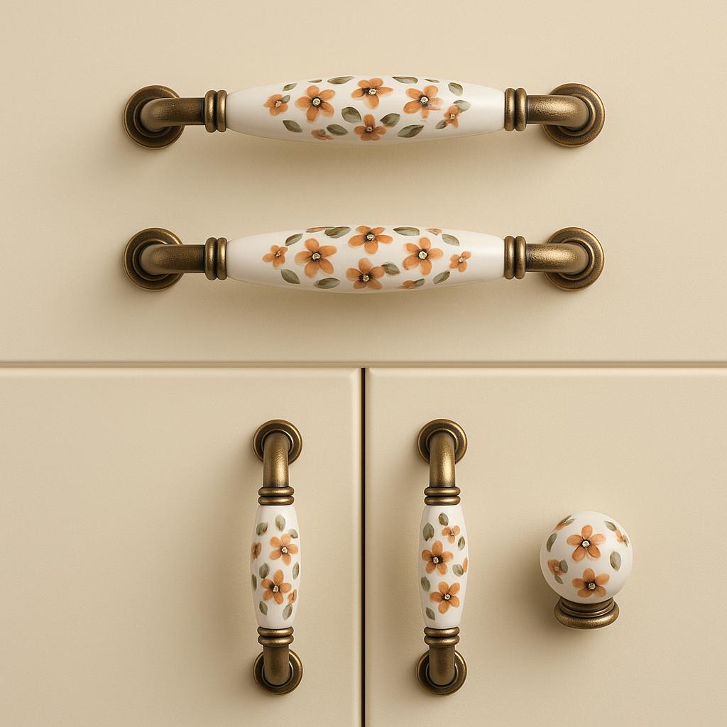 Floral Porcelain Cabinet Handle, Antique Gold Brass Base - Etsy