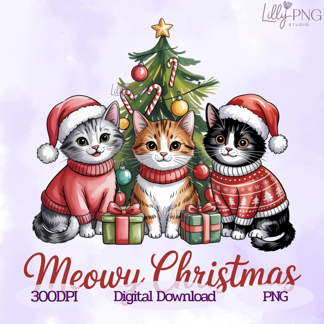 Meowy Christmas Cats PNG, Cute Kittens in Sweaters Clipart, Holiday ...