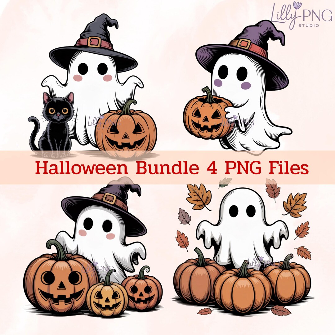 Cute Ghost Halloween PNG Bundle, Spooky Ghosts With Pumpkins Clipart ...