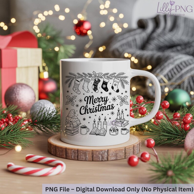 Christmas Bundle PNG | Vintage Merry Christmas Line Art | Holiday Black ...
