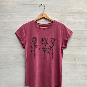 Organic Cotton Roses Tee, Rolled Sleeves, Deep Red Tee - Etsy