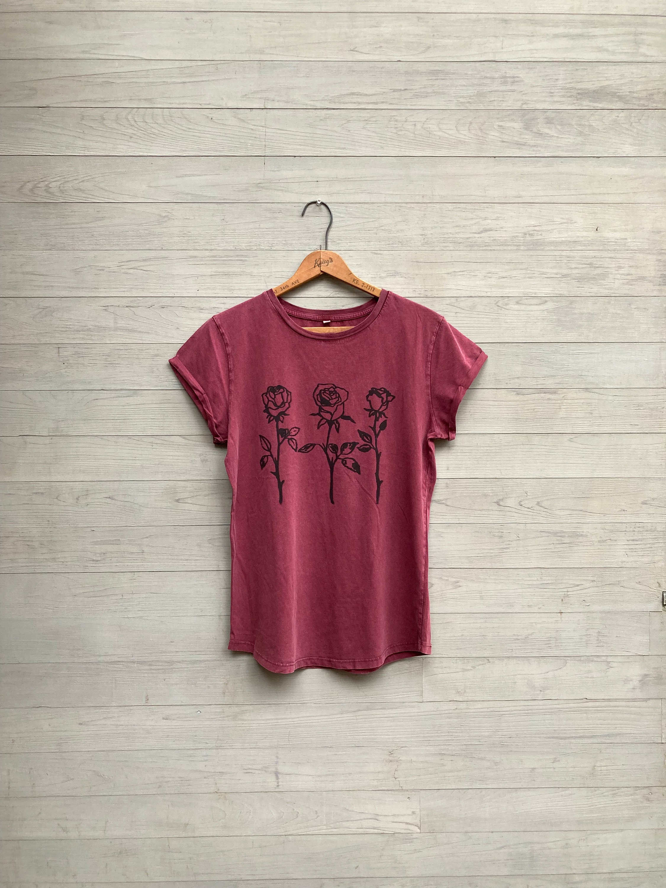 Organic Cotton Roses Tee, Rolled Sleeves, Deep Red Tee - Etsy