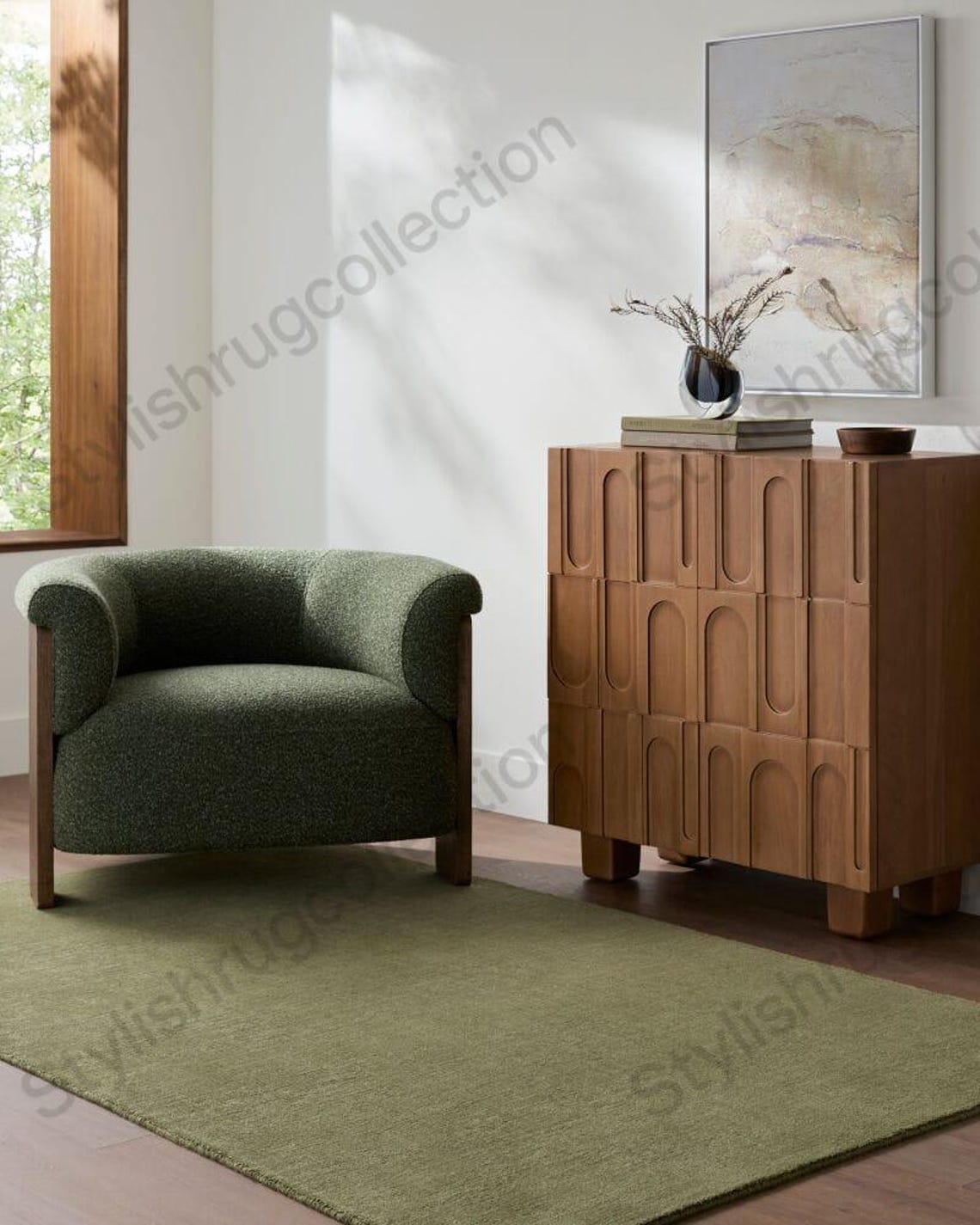 Hand Knotted Moss Green Wool Rug, Solid Minimalist Design - Etsy