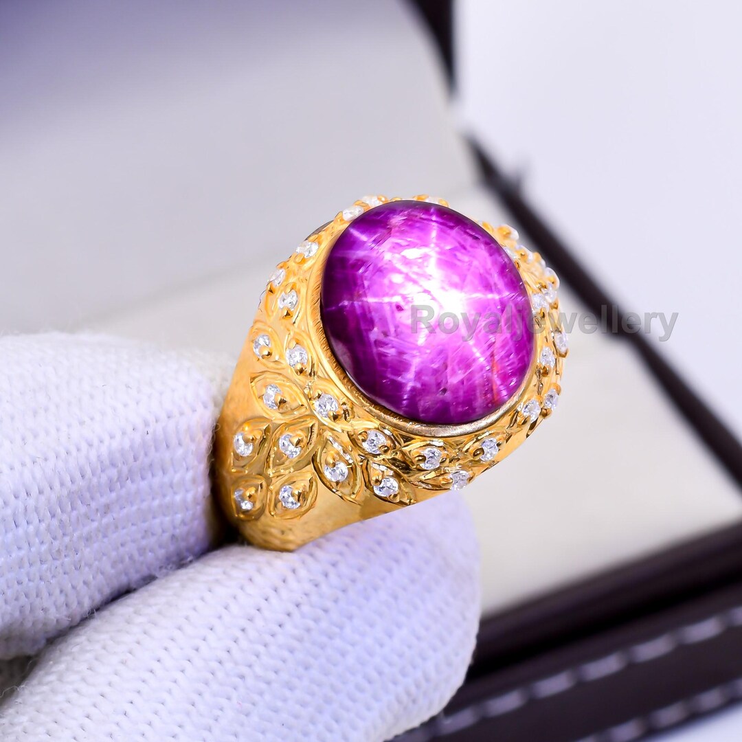 Oval Star Ruby Mens Ring, 18K Gold & Sterling Silver - Etsy