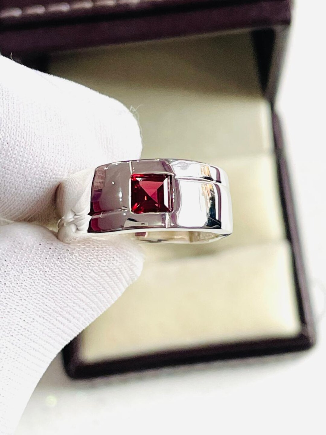Modern Sterling Silver Ring: Princess Cut Garnet Gemstone, Mens Wedding ...