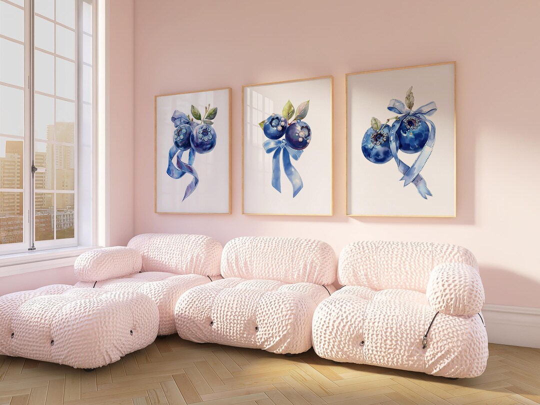 Blueberry Wall Art Set of 3 • Watercolor Fruit Prints • Blue Kitchen ...