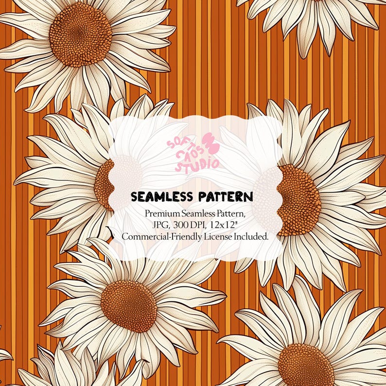 Retro Sunflower Seamless Pattern, Vintage Floral Stripe Pattern, Boho ...