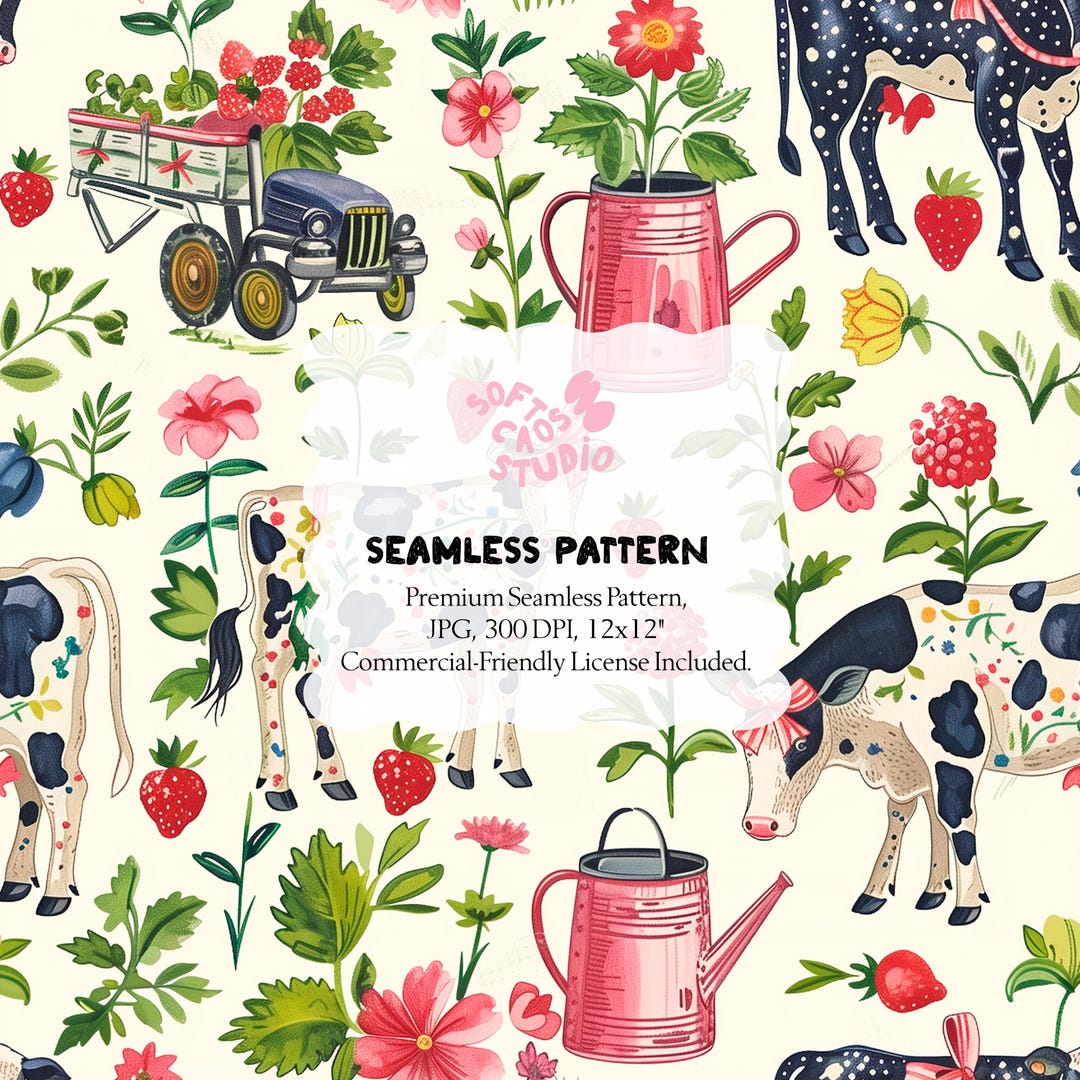 Watercolor Pink Farm Seamless Background, Cottagecore Cows Pattern ...