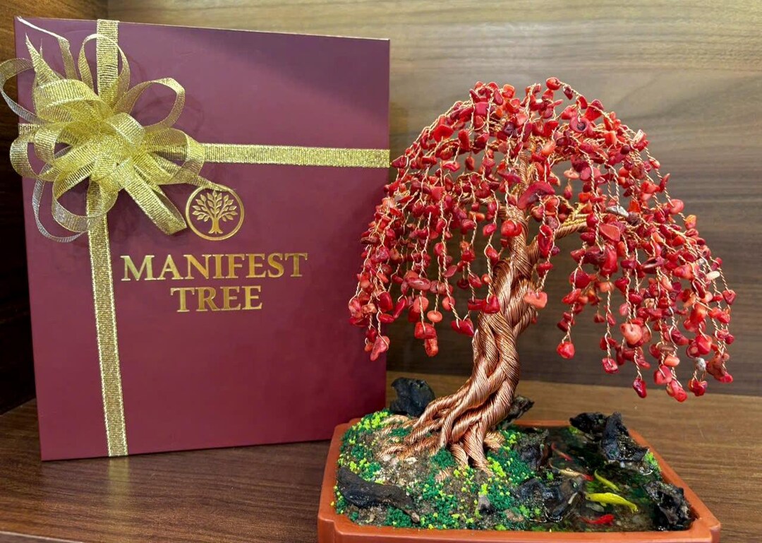 Weeping Willow Koi Fish Tree of Life Sculpture: Red Coral Copper Wire ...