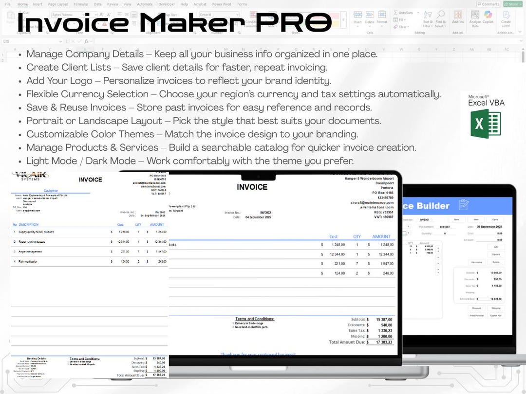Excel Invoice Maker Pro: Customizable Small Business Template (digital ...