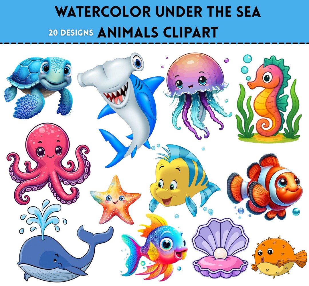 Watercolor Ocean Animals Clipart: Under the Sea PNG Bundle (digital ...