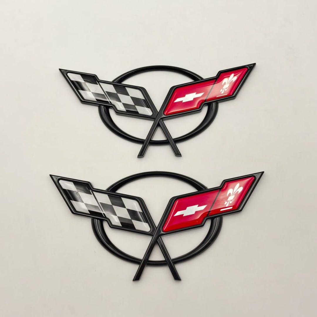 A Pair of Glossy Black Red Crossed Flags Emblems for 1997-2004 Corvette ...