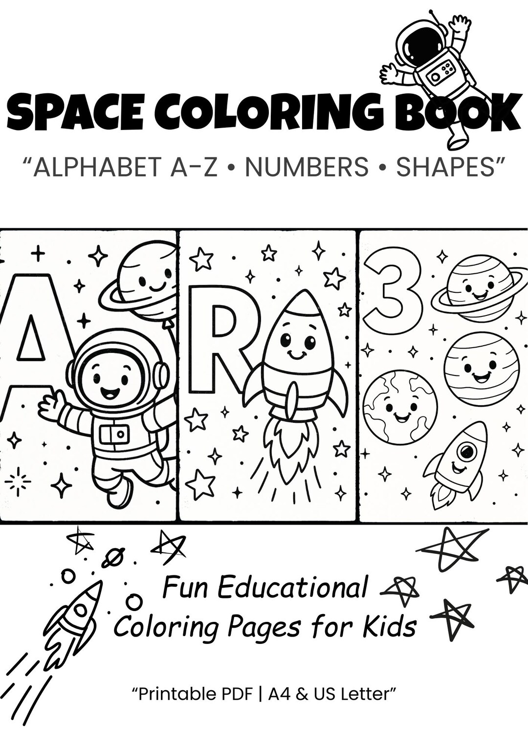 Space Coloring Pages: Alphabet, Numbers & Shapes (PDF Download) - Etsy