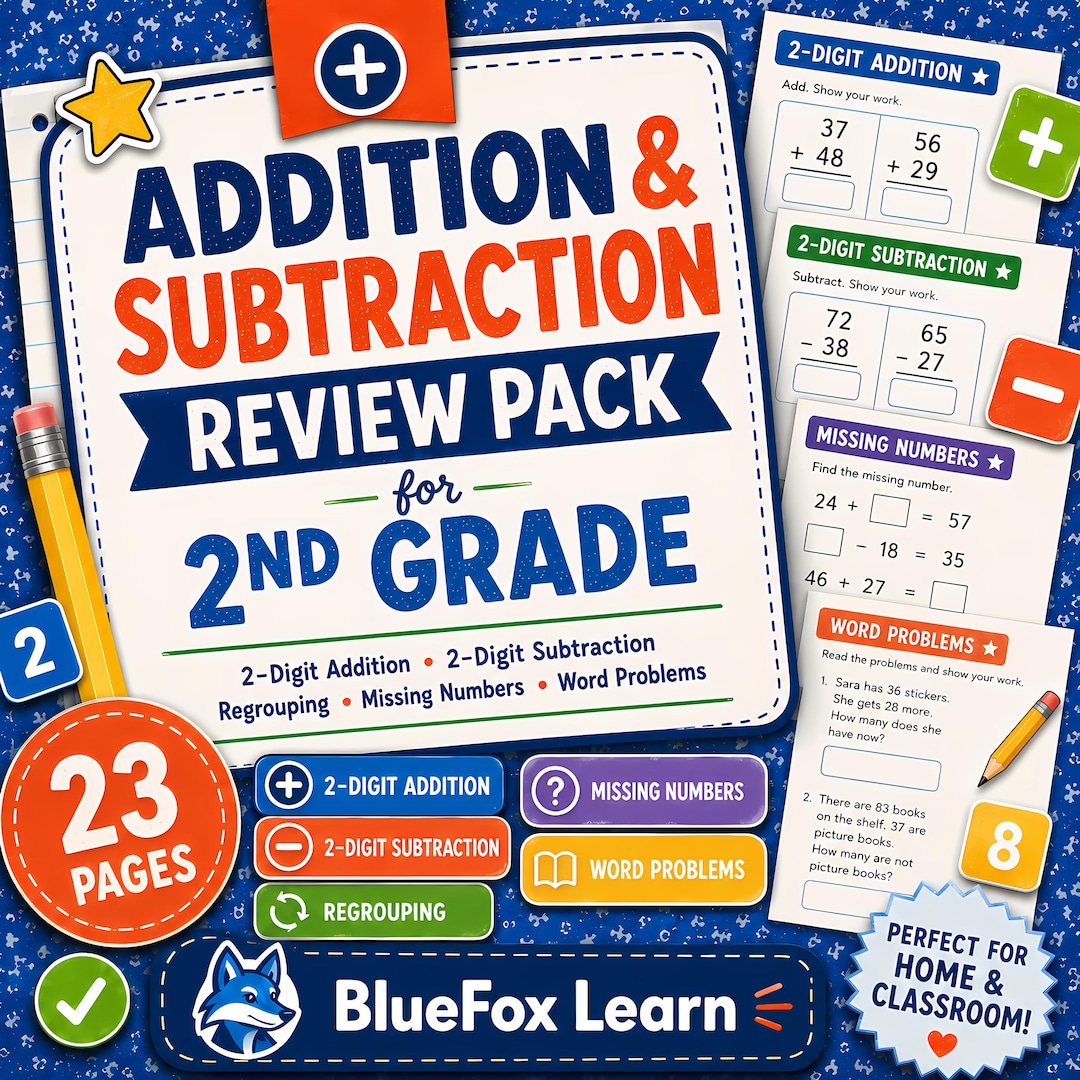 2nd Grade Math Worksheets, Addition Subtraction Review Pack (PDF ...
