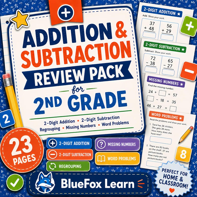 2nd Grade Math Worksheets, Addition Subtraction Review Pack (PDF ...