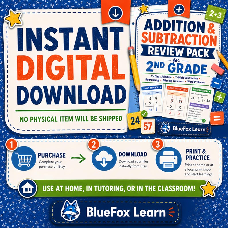 2nd Grade Math Worksheets, Addition Subtraction Review Pack (PDF ...