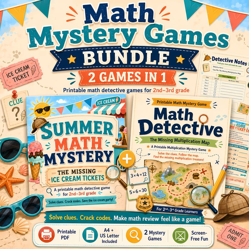 2nd-3rd Grade Math Mystery Games Bundle, Printable Detective Activities ...