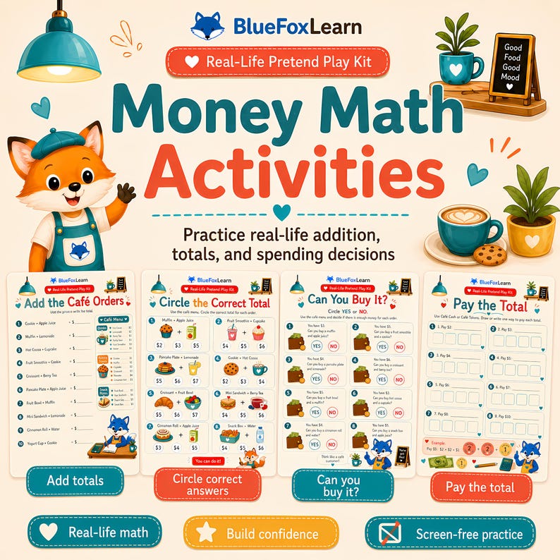 Printable Café Pretend Play & Money Math Kit, Role Play, Ages 5-8 ...