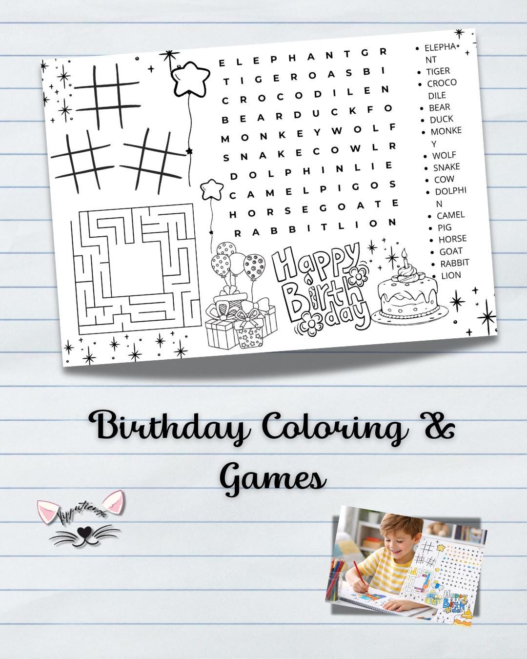 Printable Kids Activity Page – Birthday Coloring & Games - Etsy