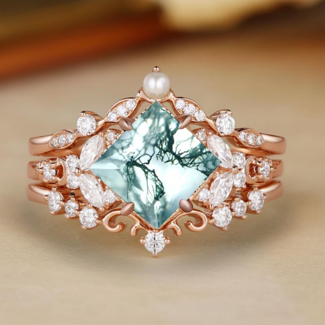 Princess Cut Moss Agate Engagement Ring Set Rose Gold Green Agate Ring ...