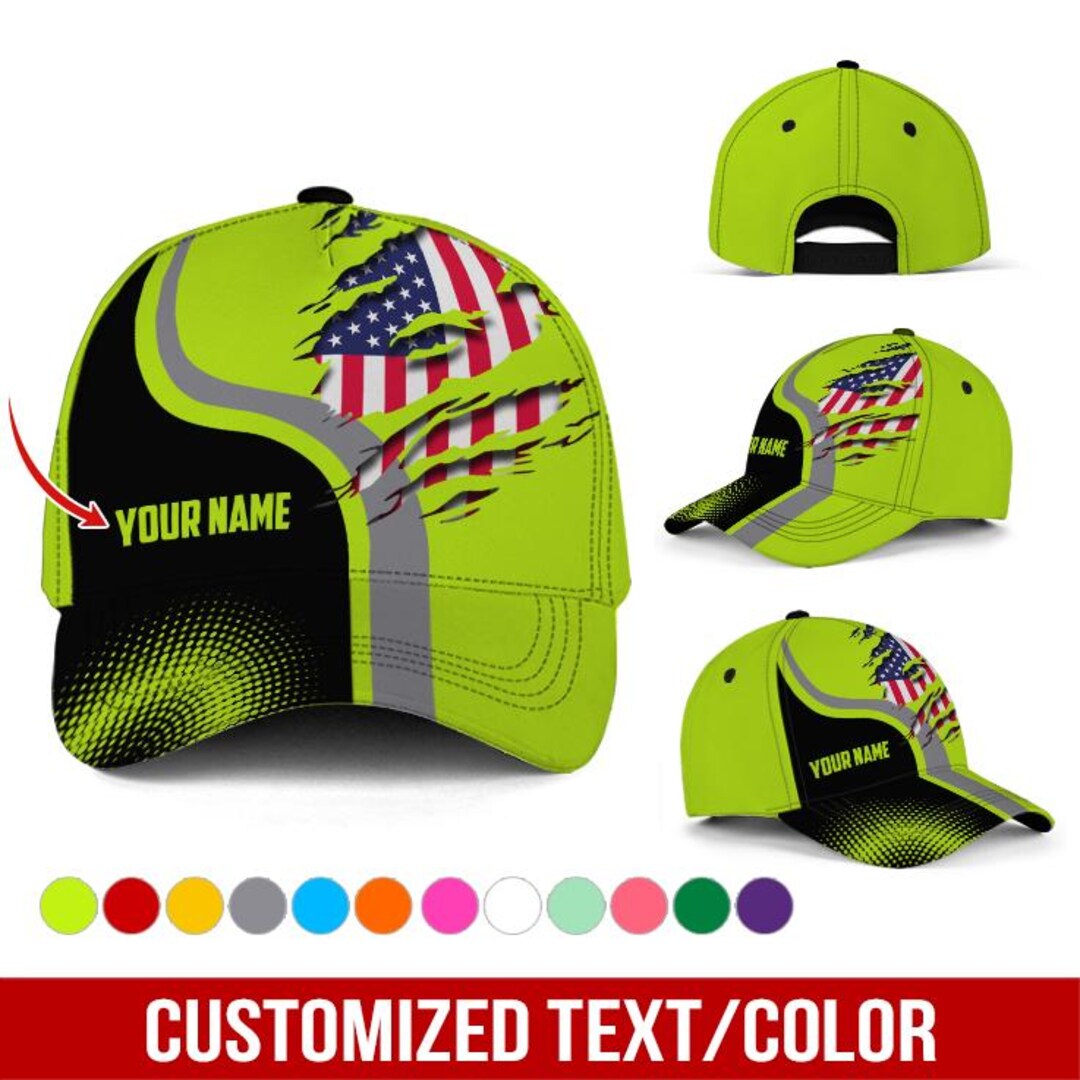 Custom Name American Flag Baseball Cap, Personalized High Vis Green ...
