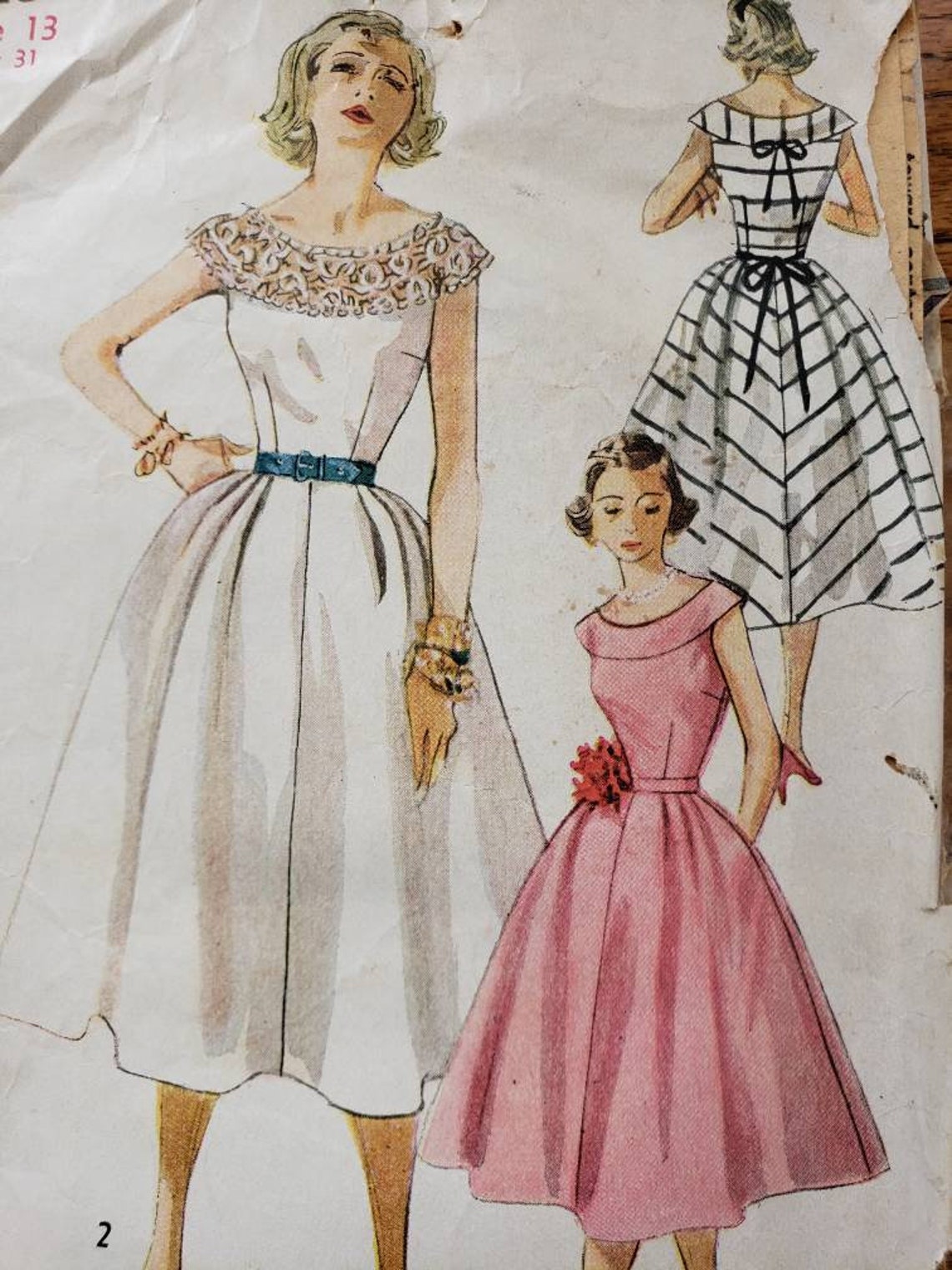 1953 Simplicity Dress in 2 Styles With Yoke Neckline and Full Skirt ...