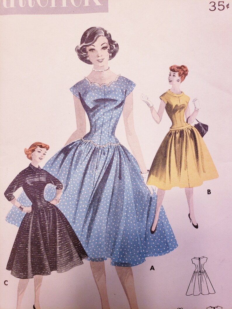 1950s Butterick Long Line Dress With Scalloped Neckline Sewing Pattern ...