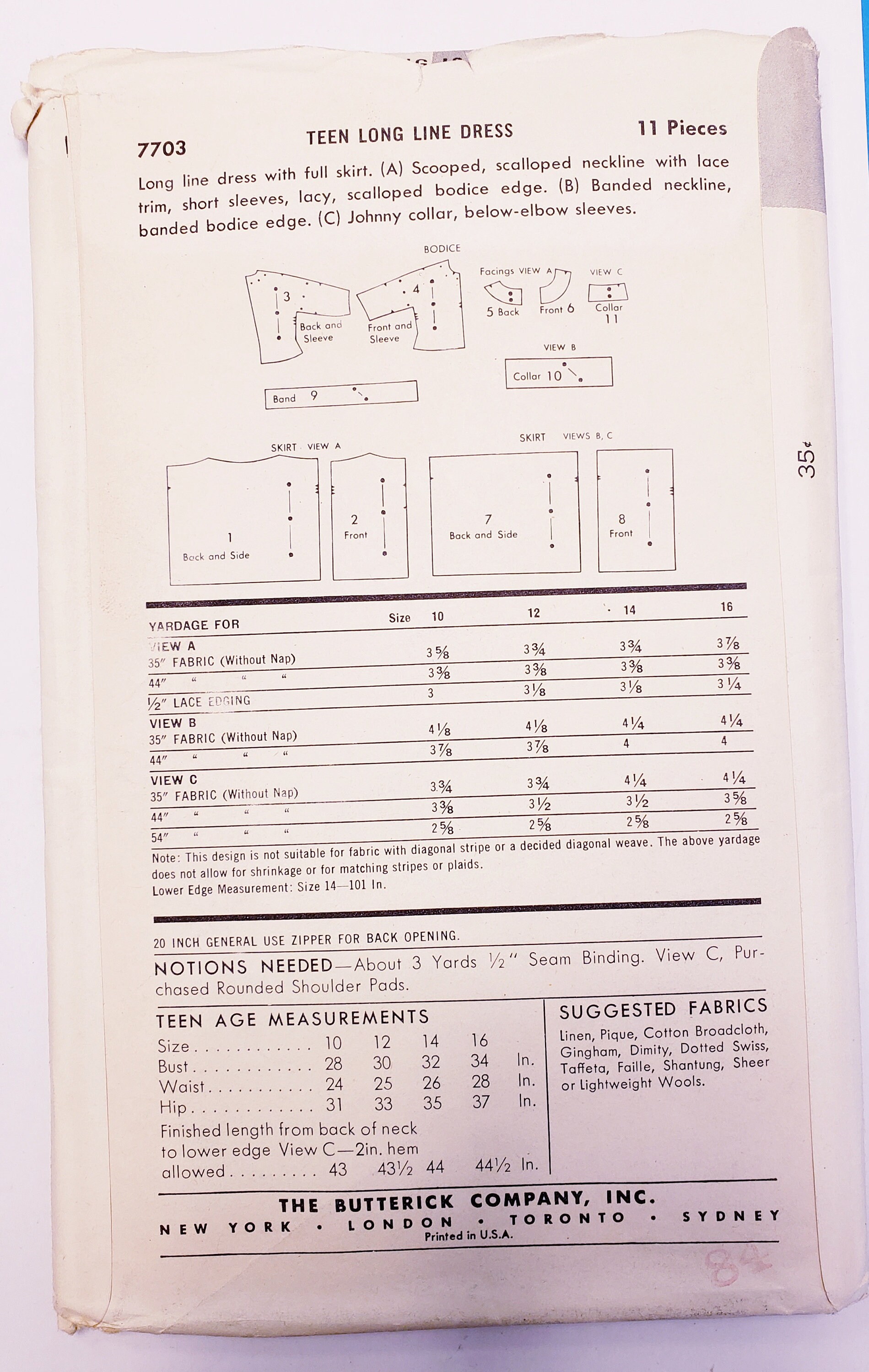 1950s Butterick Long Line Dress With Scalloped Neckline Sewing Pattern ...