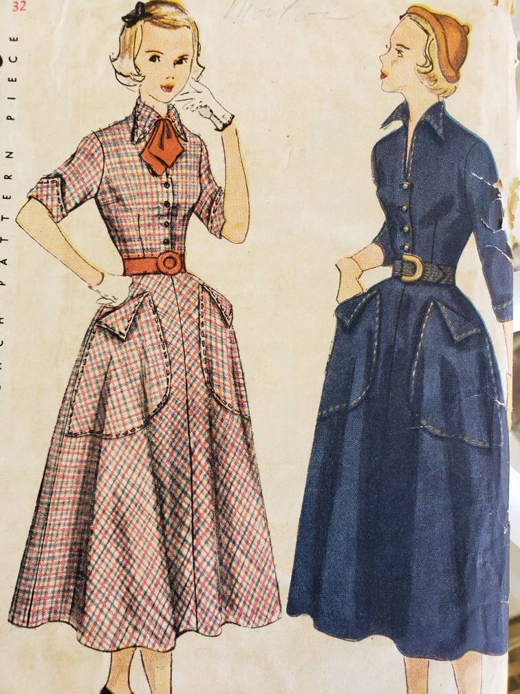 1949 Button Front Dress With Patch Pockets Ascot Collar and - Etsy