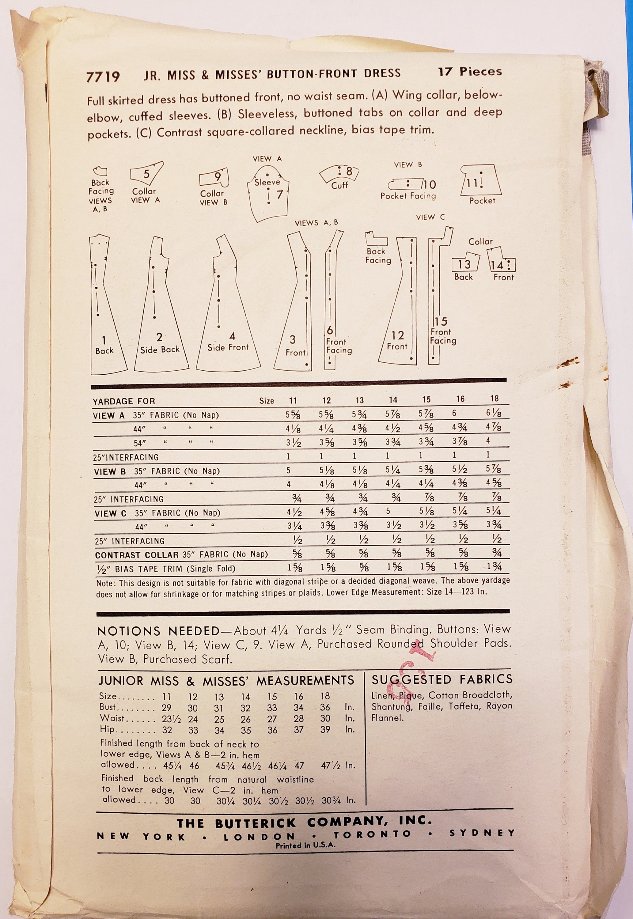 1950s Butterick Sailor or Wing Collar Dress With Pockets Sewing Pattern ...