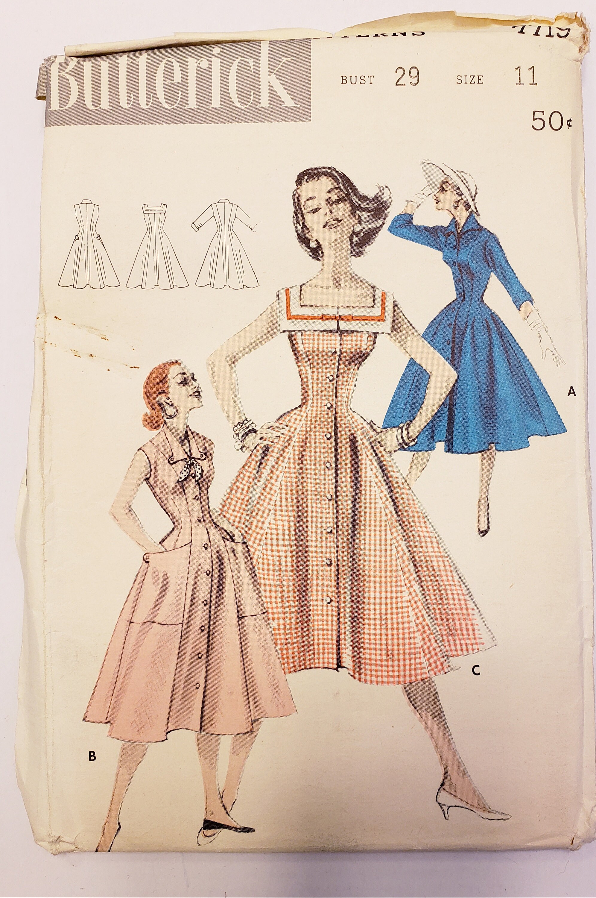 1950s Butterick Sailor or Wing Collar Dress With Pockets Sewing Pattern ...