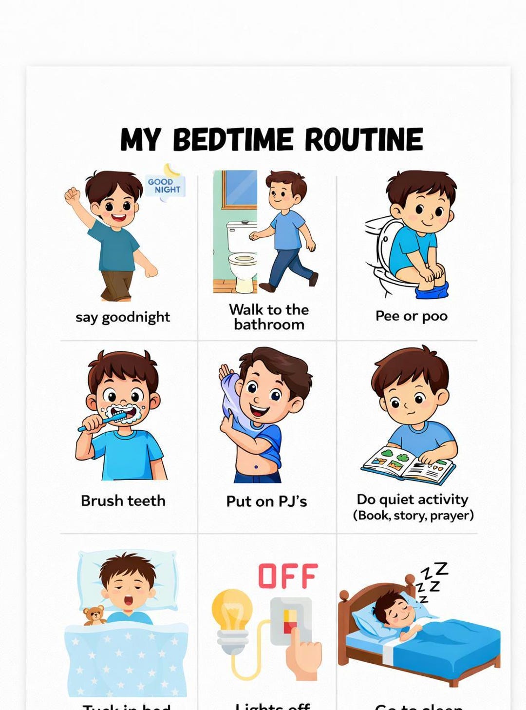 Visual Bedtime Routine Chart for Kids | Autism ADHD Friendly Nighttime ...