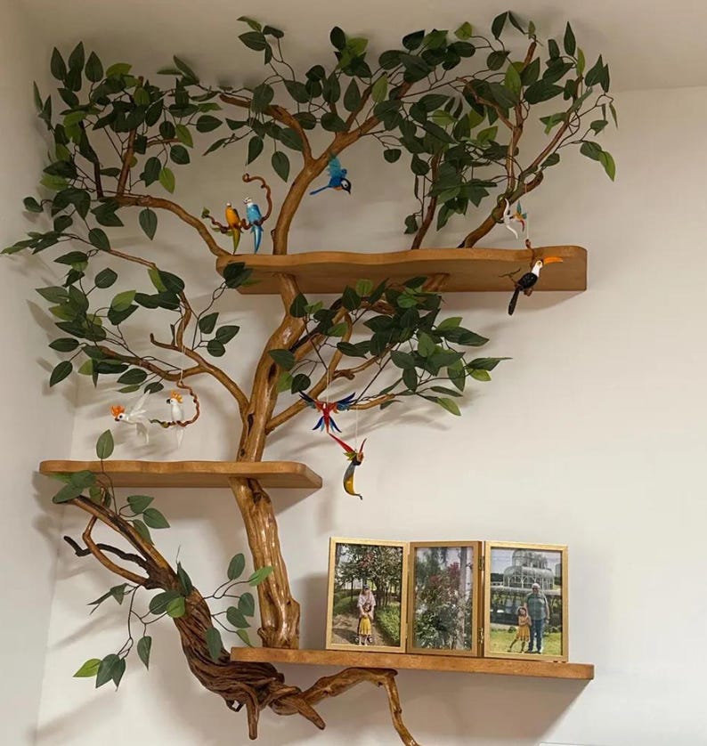 Handmade Driftwood Corner Tree Bookshelf – Rustic Floating Branch Wall ...