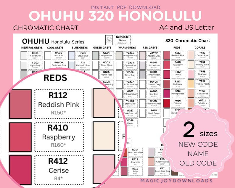 Ohuhu 320 Color Chart Printable | New & Old Codes With Color Names ...