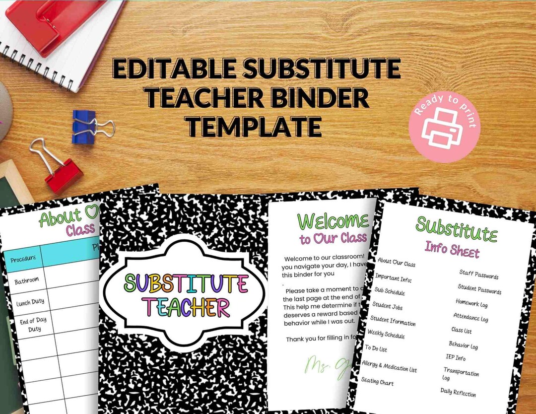Editable Substitute Teacher Binder | Classroom Organization Printable ...