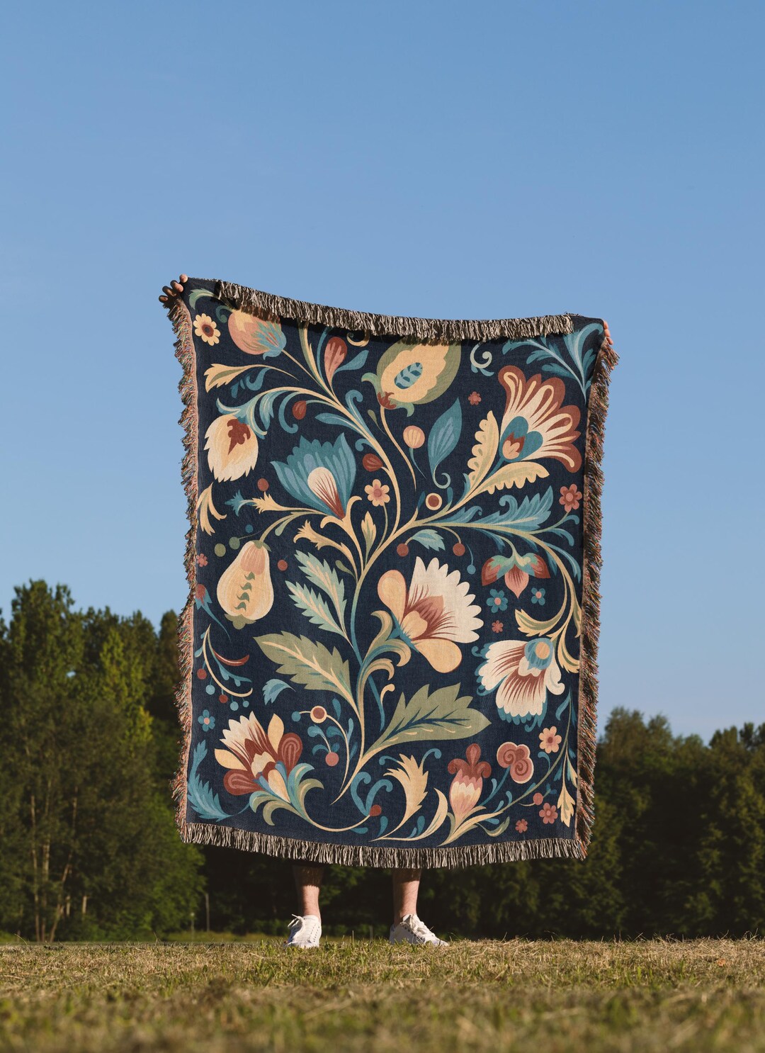 Folk Art Woven Cotton Blanket: Scandinavian Floral Throw, Botanical ...