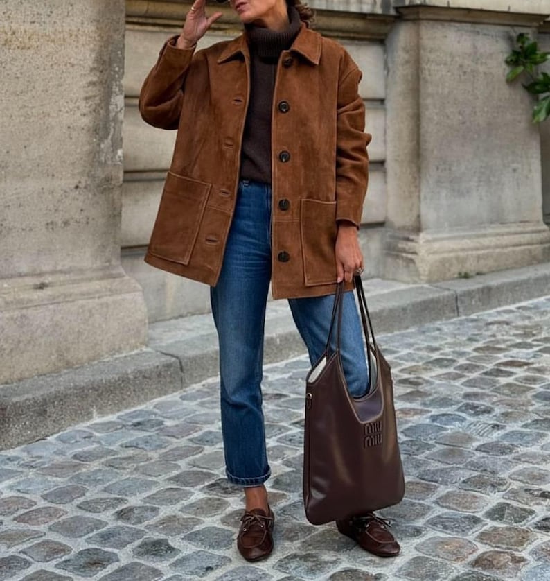 Camel Brown Suede Leather Shacket: Oversized 90s Style Jacket - Etsy