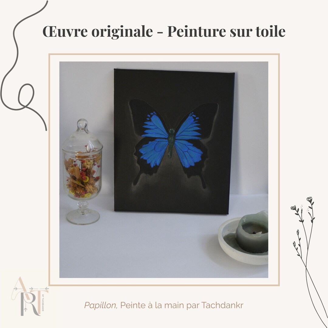 Blue Butterfly Painting on Black Background, Original Painting on ...