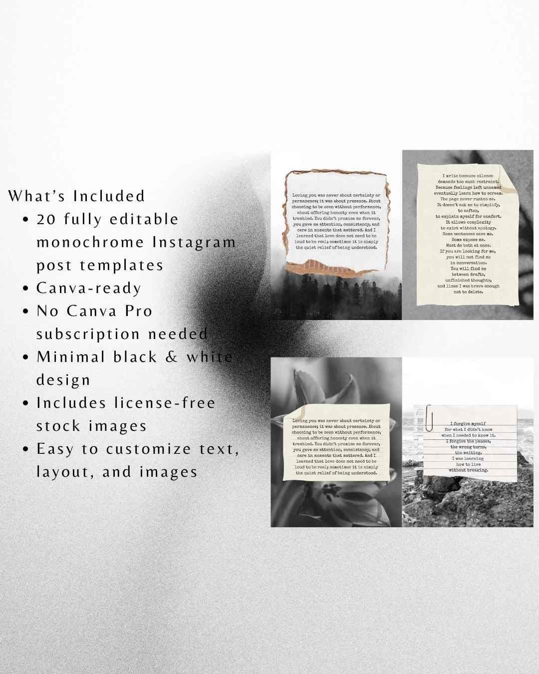 Monochrome Poetry Instagram Template | Canva Author Branding Posts - Etsy