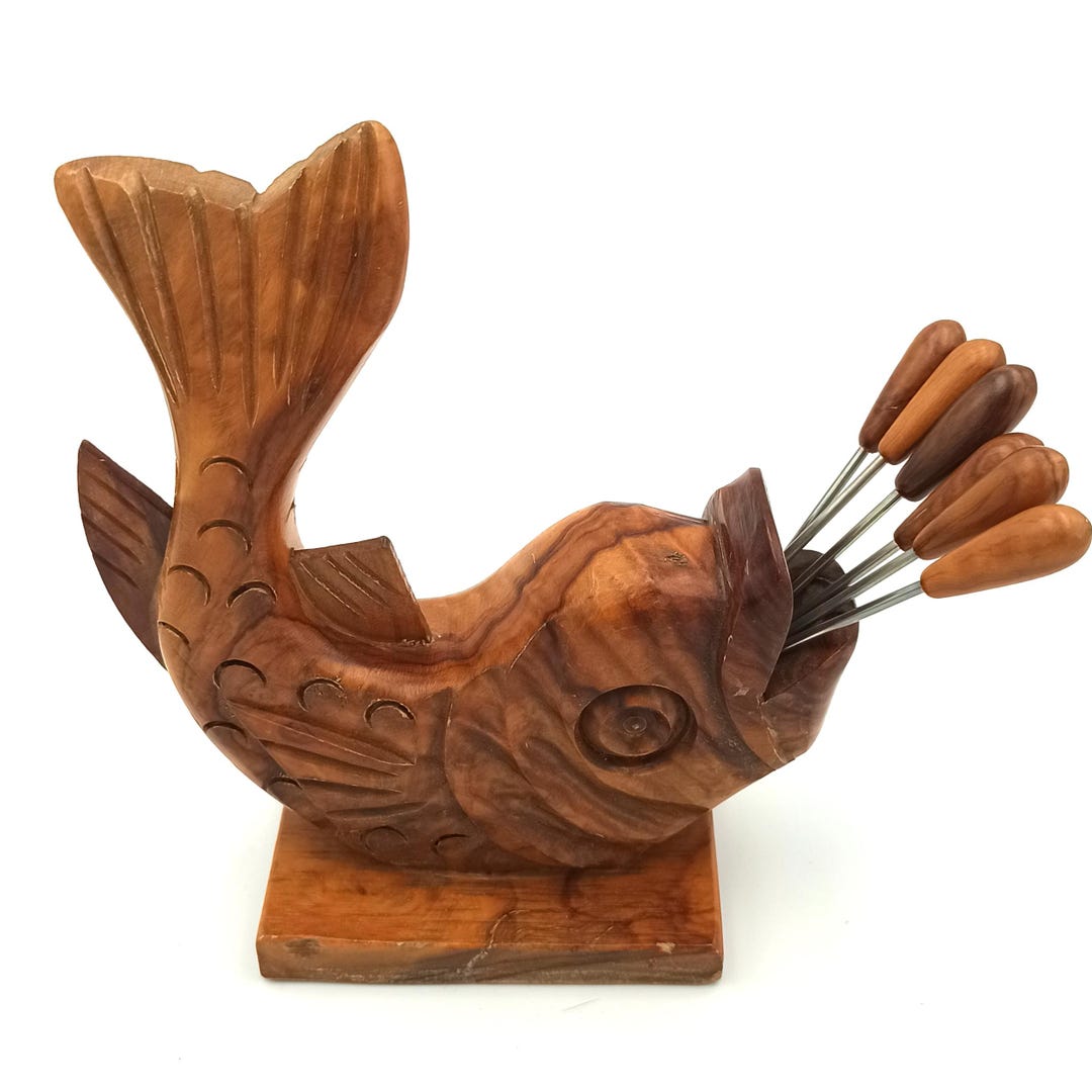 Hand Carved Wooden Fish Pick Holder Vintage Kitchen Utensil Decor Mid ...