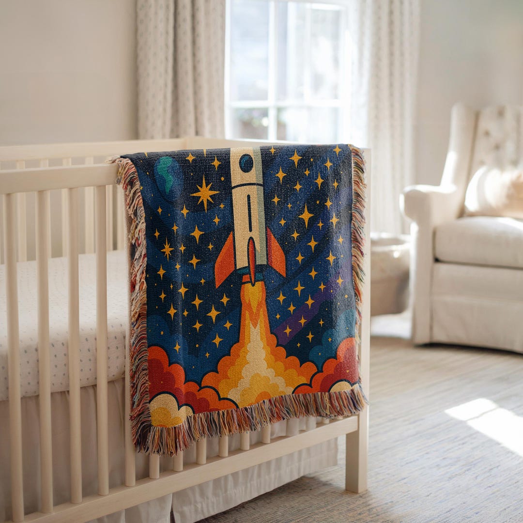 Woven Blanket, Kids Space Rocket — Starry Night Sky in Navy & Orange - Etsy