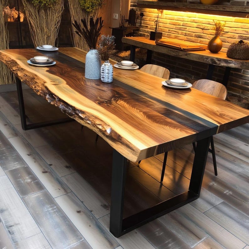 Rustic Live Edge Table, Solid Wood Dining Table, Handmade Farmhouse Table, Modern Walnut Table ...