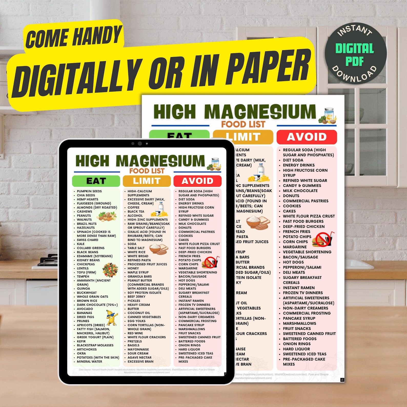 High Magnesium Food List Printable, Magnesium-rich Grocery List PDF ...