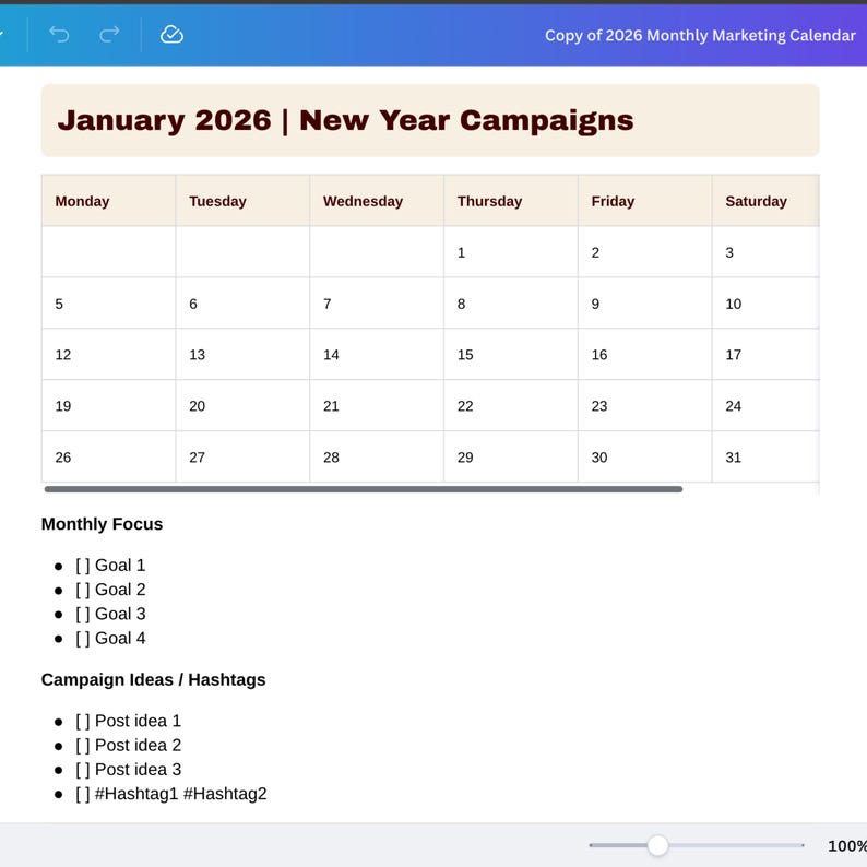 2026 Marketing Calendar | Editable Canva Template (digital Download) - Etsy
