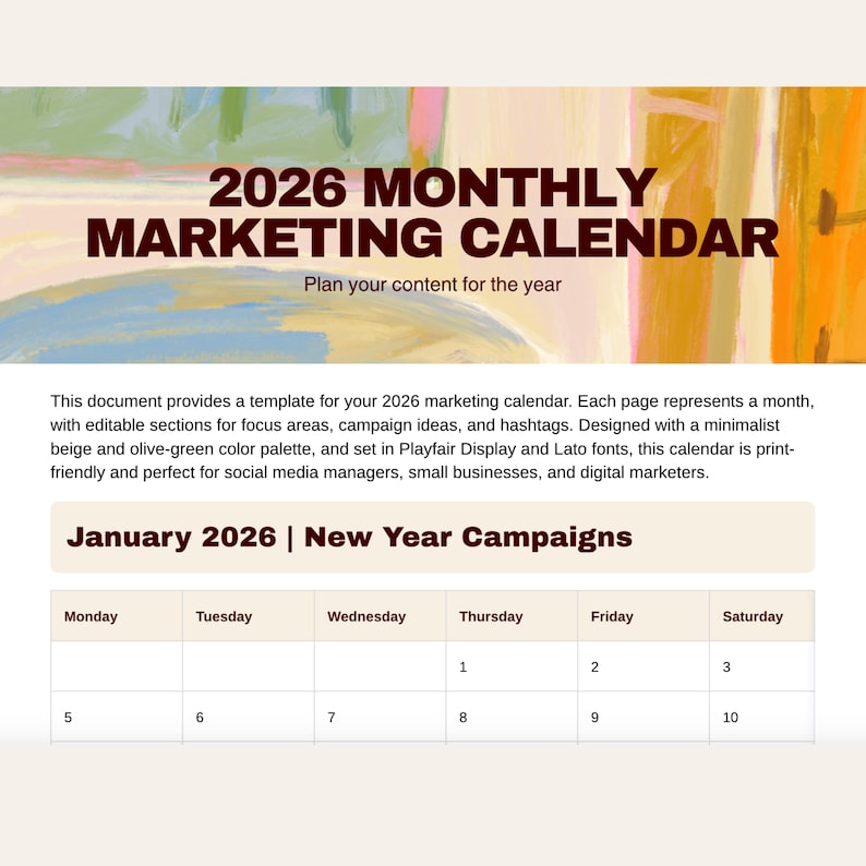 2026 Marketing Calendar | Editable Canva Template (digital Download) - Etsy