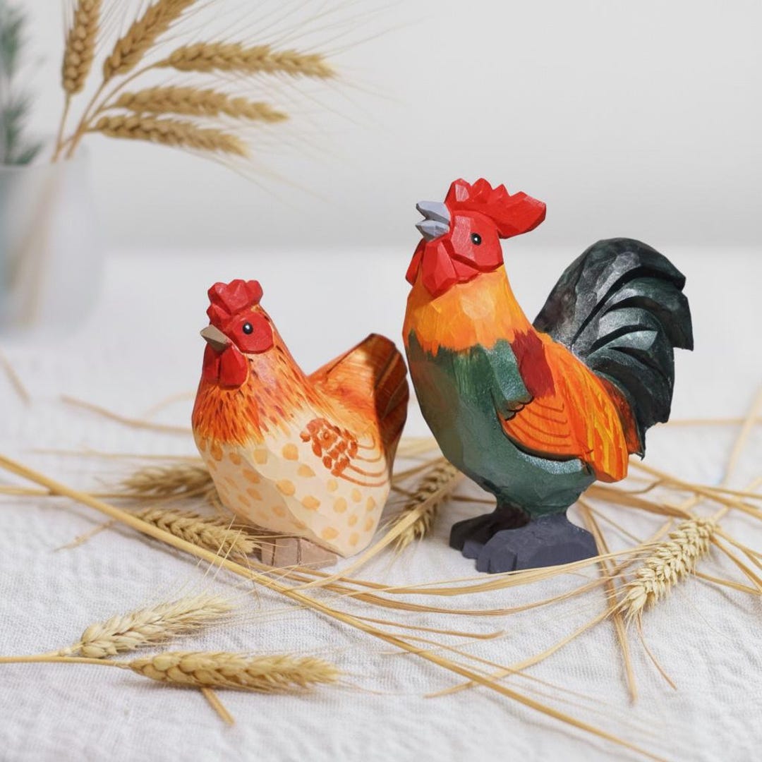 Hand Carved Wooden Chicken Pair, Rooster and Hen Figurines, Rustic ...