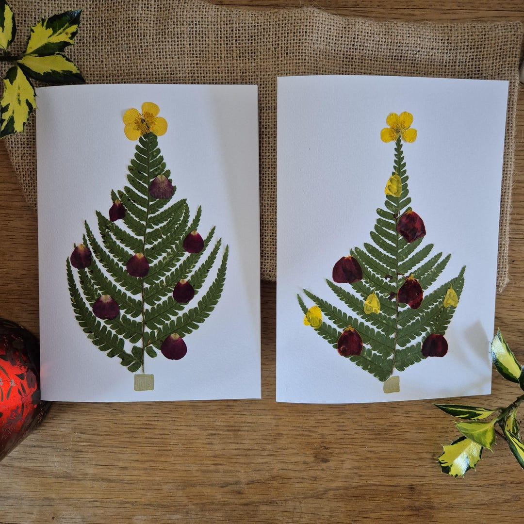 Pressed Flower Christmas Cards - Botanical Tree Design, Handmade Pack ...